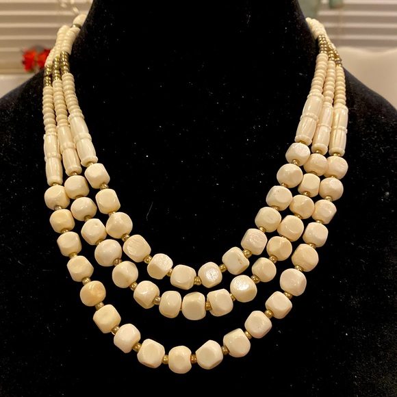 Vintage | Jewelry | Vintage Three Strand Bone Necklace In Silvertone ...